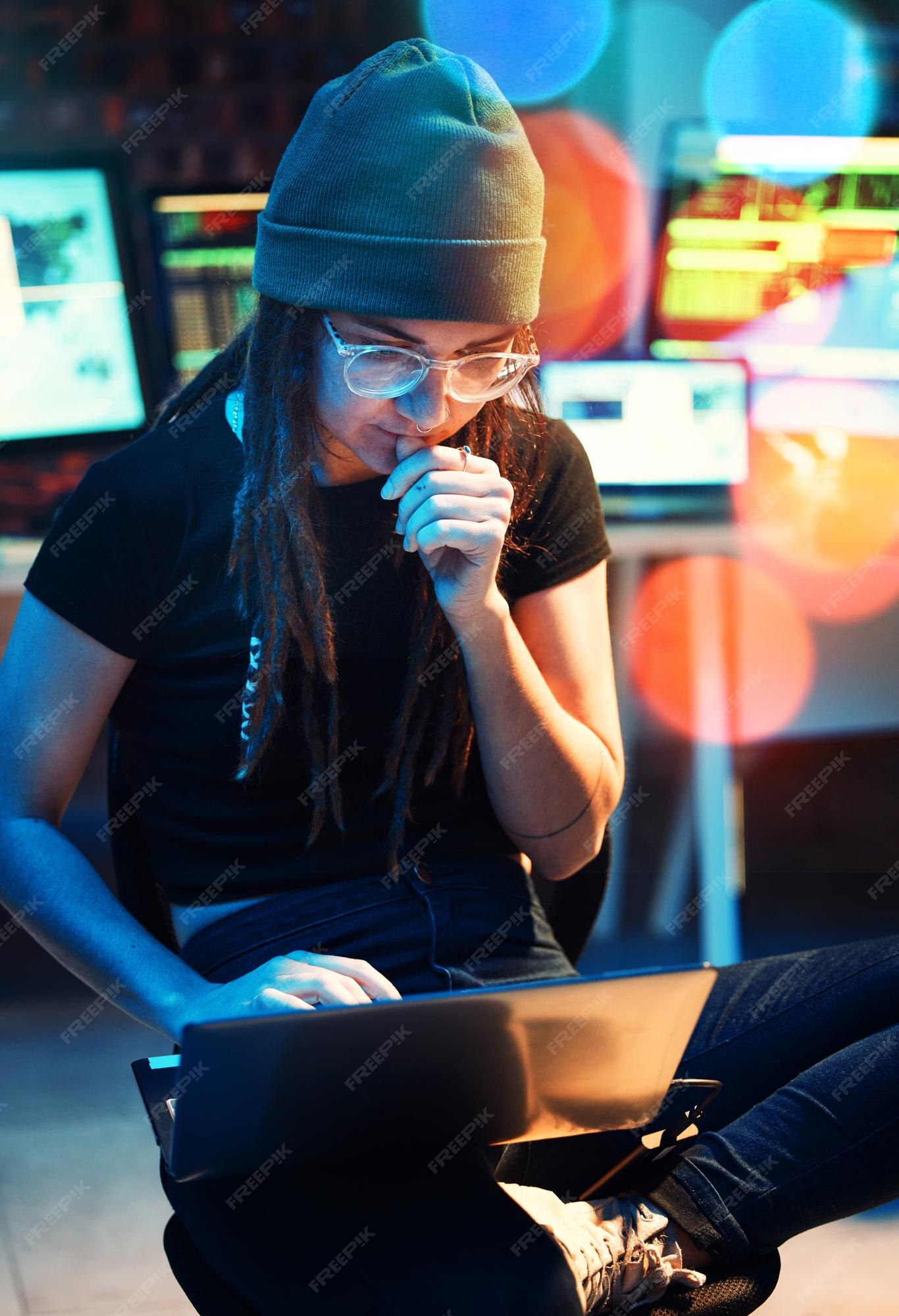 Premium Photo Woman Laptop And Hacker Thinking Typing Or Programming