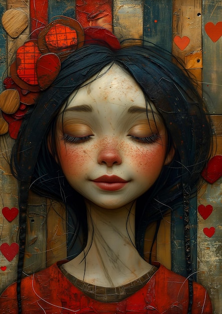 Premium Photo Woman Long Black Hair Red Dress Winner Rosy Cheeks Freckles Close Falling Hearts