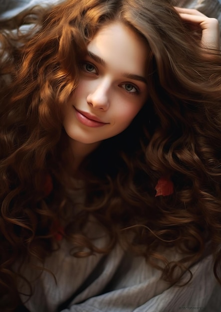 Premium Ai Image Woman Long Brown Hair Laying Bed Face Curls Top