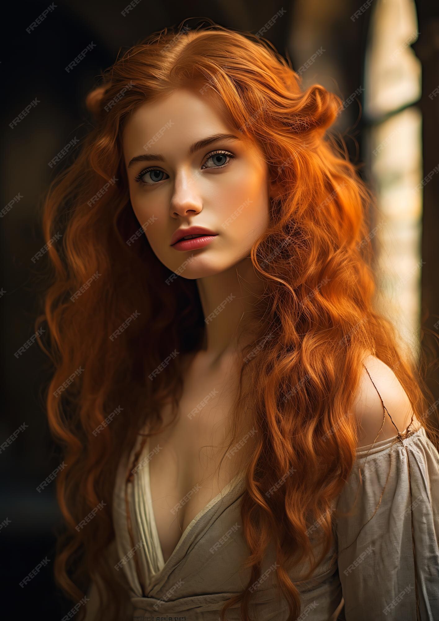Premium Ai Image Woman Long Red Hair White Dress Posing Curly Blonde