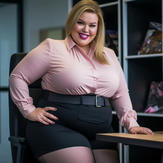 Premium Ai Image A Woman In A Pink Shirt And Black Skirt Posing For The Camera