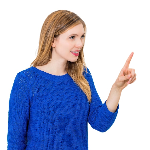 Premium Photo Woman Pointing Against White Background