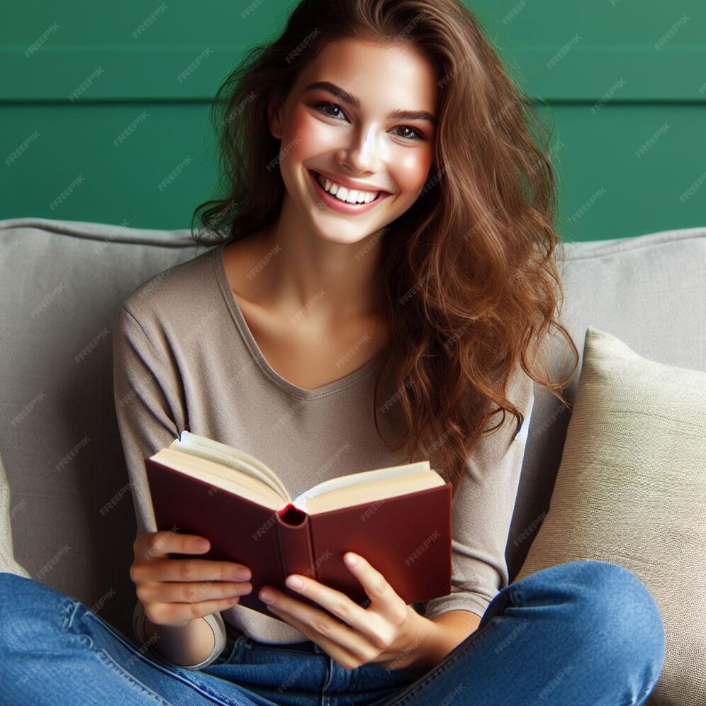 Premium Photo Woman Reading A Book Sitting On A Sofa