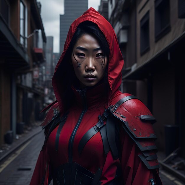 Premium Photo A Woman In A Red Hood And A Red Hood Stands In A Street