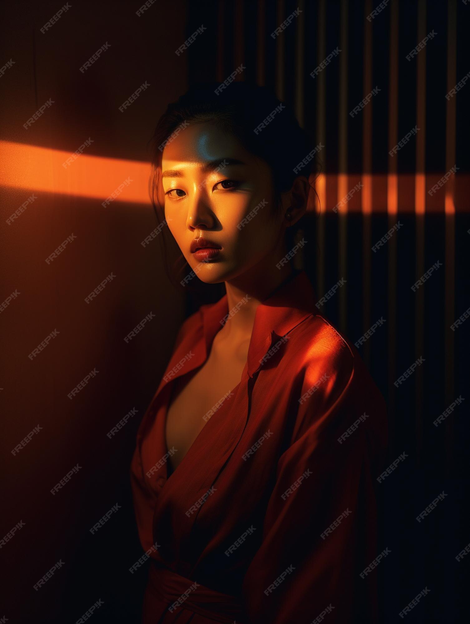 Premium Ai Image A Woman In A Red Kimono Is Standing In Front Of A