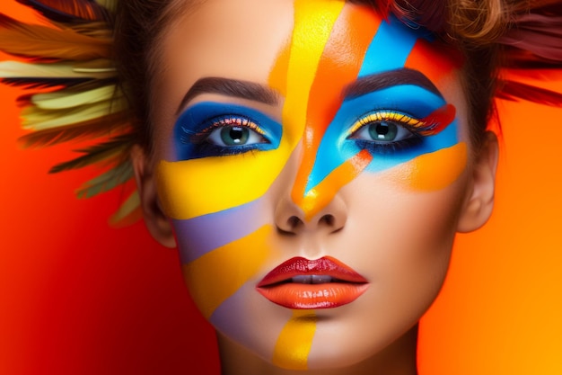 Premium AI Image | Woman's face is painted with multicolored lines on ... Premium AI Image | Woman's face is painted with multicolored lines on ...