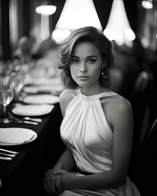 Premium Ai Image A Woman Sits In A Restaurant With A Wine Glass And A Wine Glass