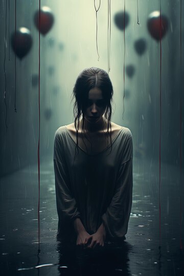 Premium AI Image | woman sitting deep balloons background horror graded ... Premium AI Image | woman sitting deep balloons background horror graded ...