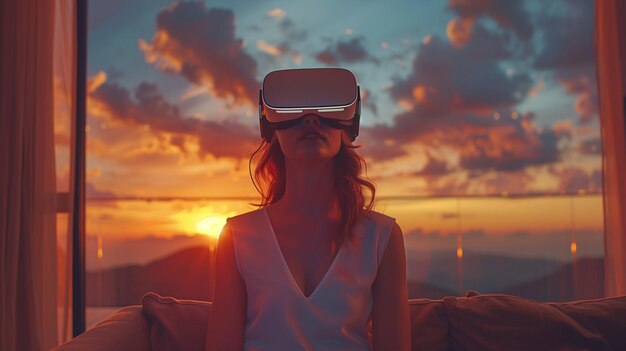 A Woman Sitting On A Sofa In An Apartment Using A Virtual Reality Viewer Premium Ai Generated