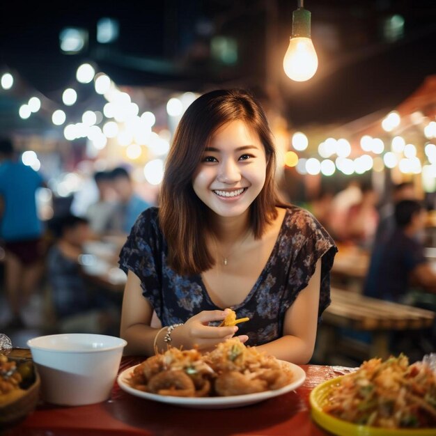 Premium Photo A Woman Sitting At A Table With A Plate Of Food