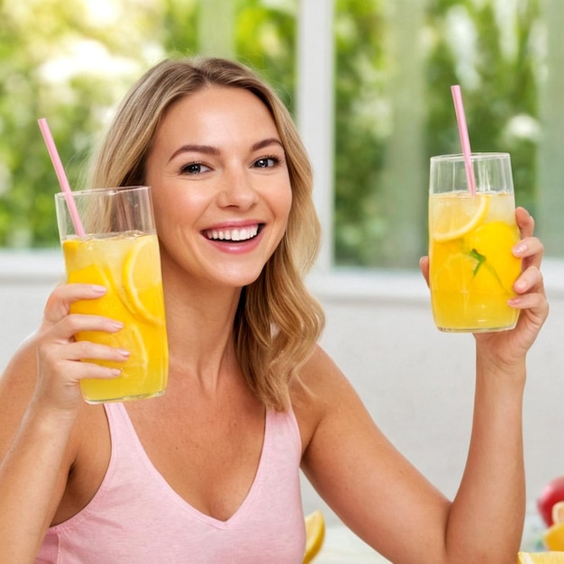 Premium Photo | Woman smiling with two glasses of lemonade Premium Photo | Woman smiling with two glasses of lemonade
