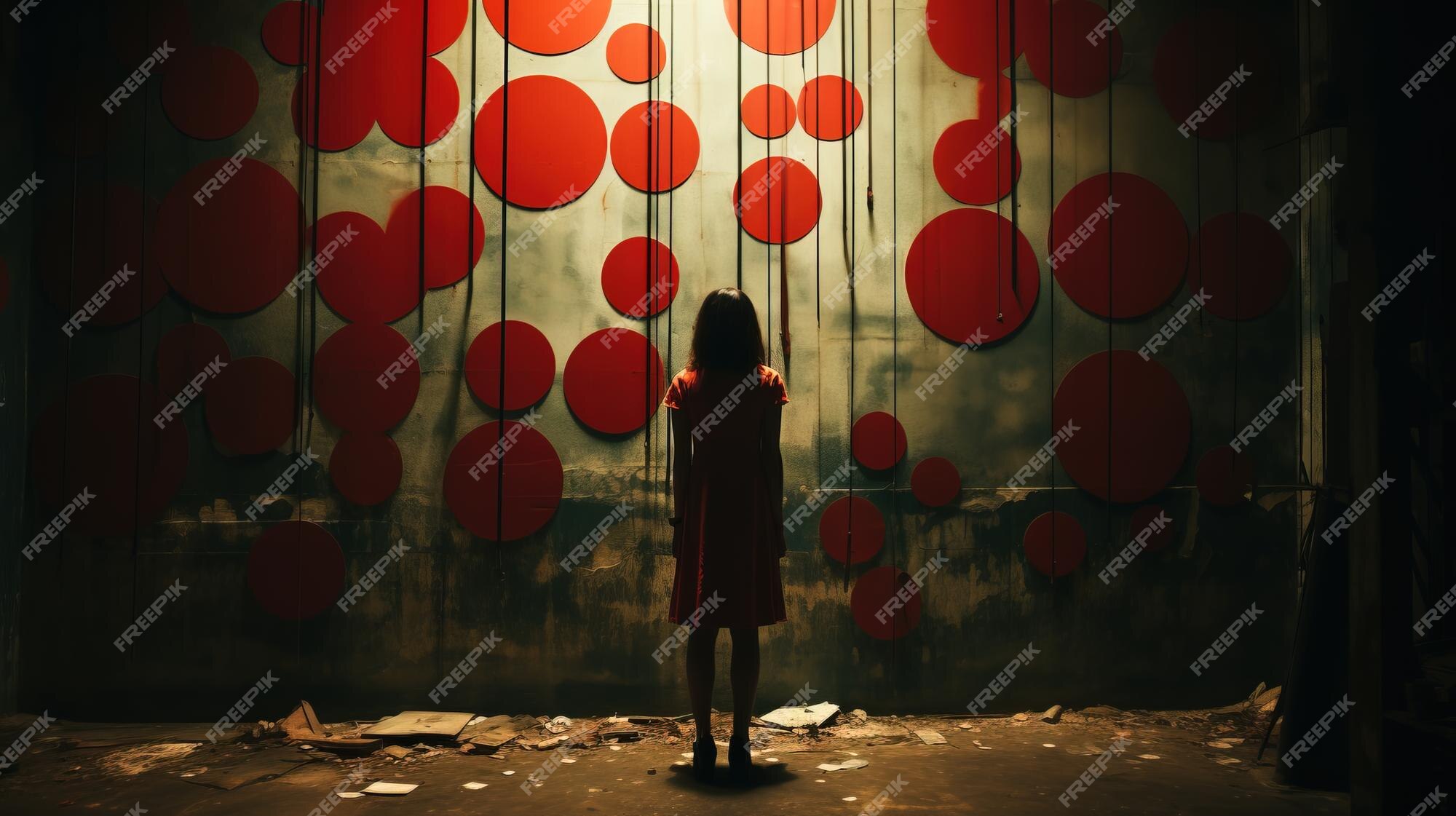 Premium Photo A Woman Standing In Front Of A Wall With Red Circles