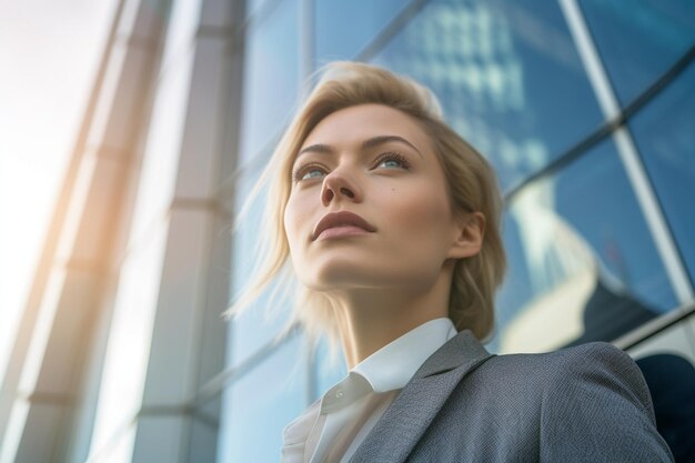 Premium Ai Image A Woman In A Suit Stands In Front Of A Window And Looks Up At The Sky