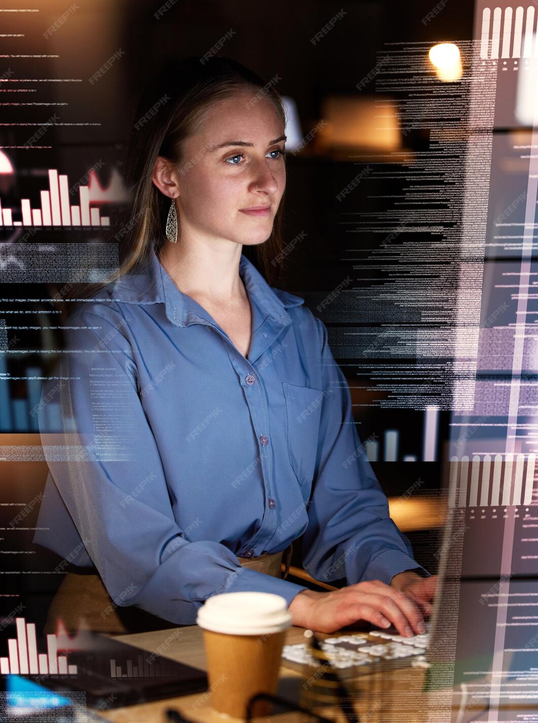 Premium Photo | Woman typing coding and data analytics hologram of ...