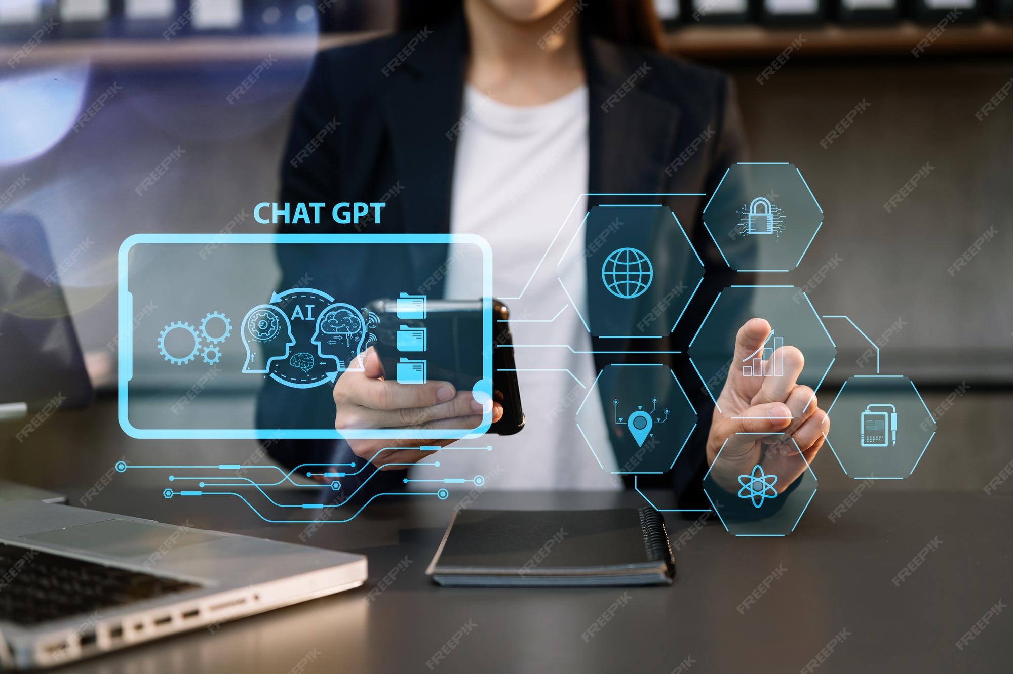 Premium Photo Woman Using Chatbot In Computer And Tablet Smart Intelligence Aichat Gpt Chat