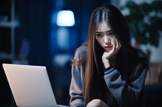 Premium AI Image | A woman using a computer troubled expression Premium AI Image | A woman using a computer troubled expression