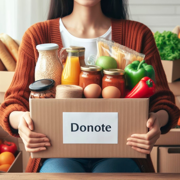 Premium AI Image | Woman volunteer hands holding food donation box with ... Premium AI Image | Woman volunteer hands holding food donation box with ...