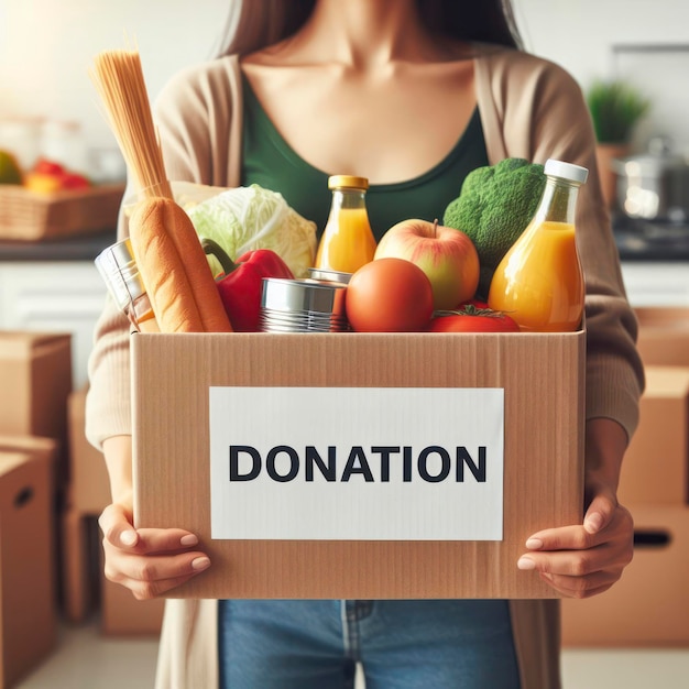Premium AI Image | Woman volunteer hands holding food donation box with ... Premium AI Image | Woman volunteer hands holding food donation box with ...