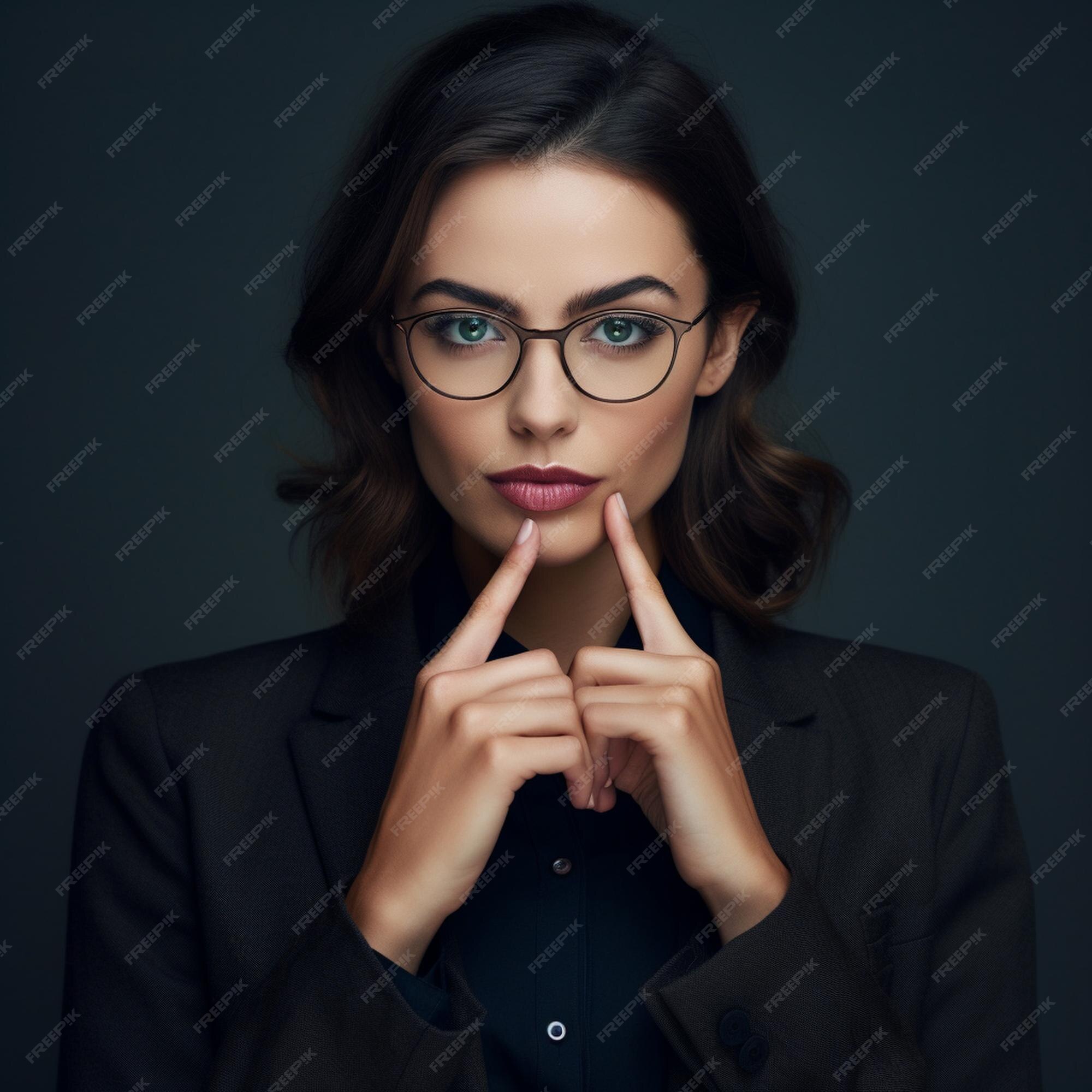 Premium Photo A Woman Wearing Glasses And A Black Shirt With The Word