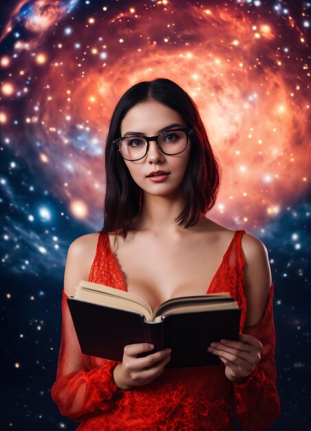 Premium Photo A Woman Wearing Glasses Reading A Book With A Book