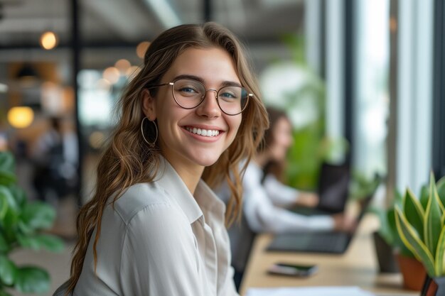 Premium Ai Image Woman Wearing Glasses Sitting At A Desk In A Startup Office