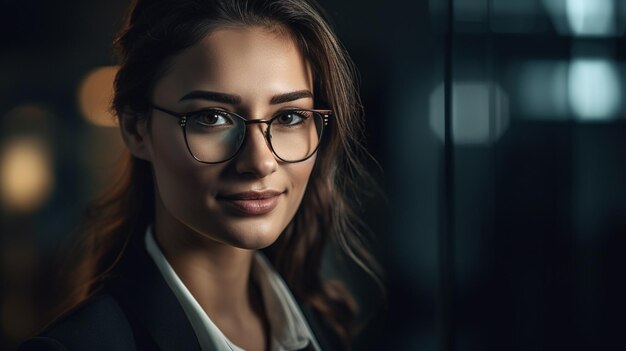 Premium Photo A Woman Wearing Glasses Stands In A Dark Room