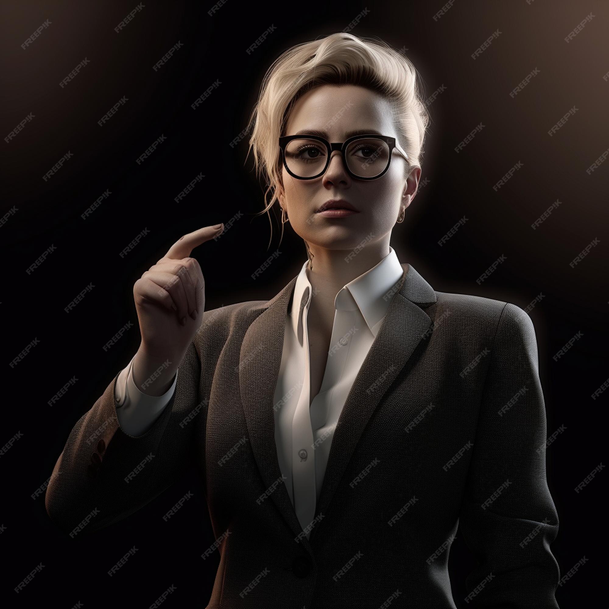 Premium Ai Image A Woman Wearing Glasses And A Suit With A Finger Pointing To The Left