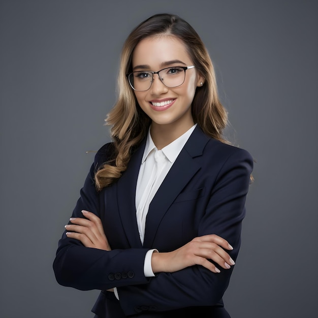 A Woman Wearing Glasses And A Suit With Her Arms Crossed Premium Ai