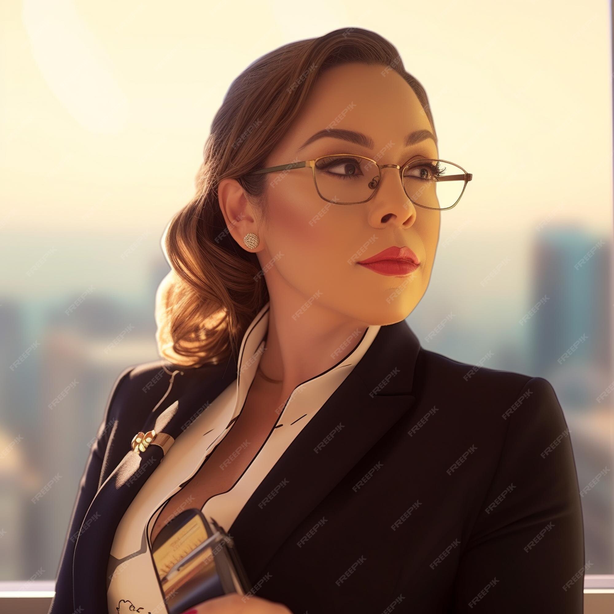 Premium Ai Image A Woman Wearing Glasses And A Suit With The Word Stencil On It