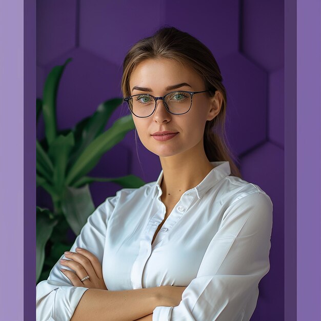 Premium Photo A Woman Wearing Glasses And A White Shirt Stands In