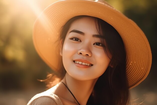 Premium Ai Image A Woman Wearing A Hat And A Straw Hat Smiles At The