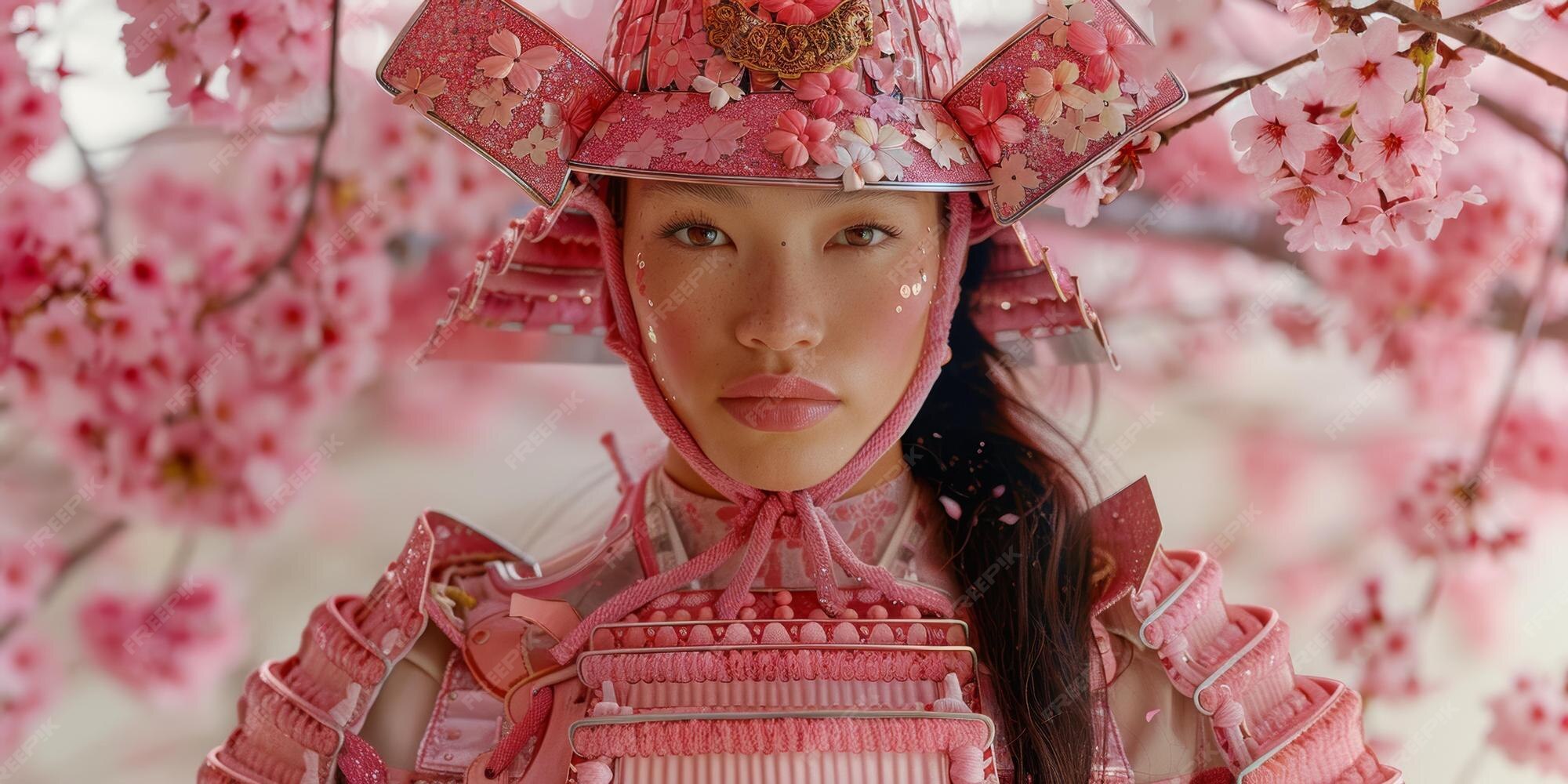 Premium Photo A Woman Wearing A Pink Samurai Armor Stands In A Field Of Cherry Blossoms