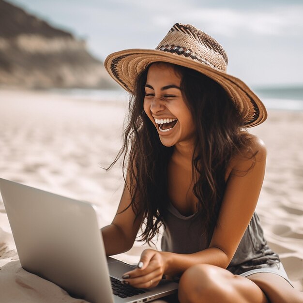 Premium Ai Image A Woman Wearing A Straw Hat Sits On A Beach And