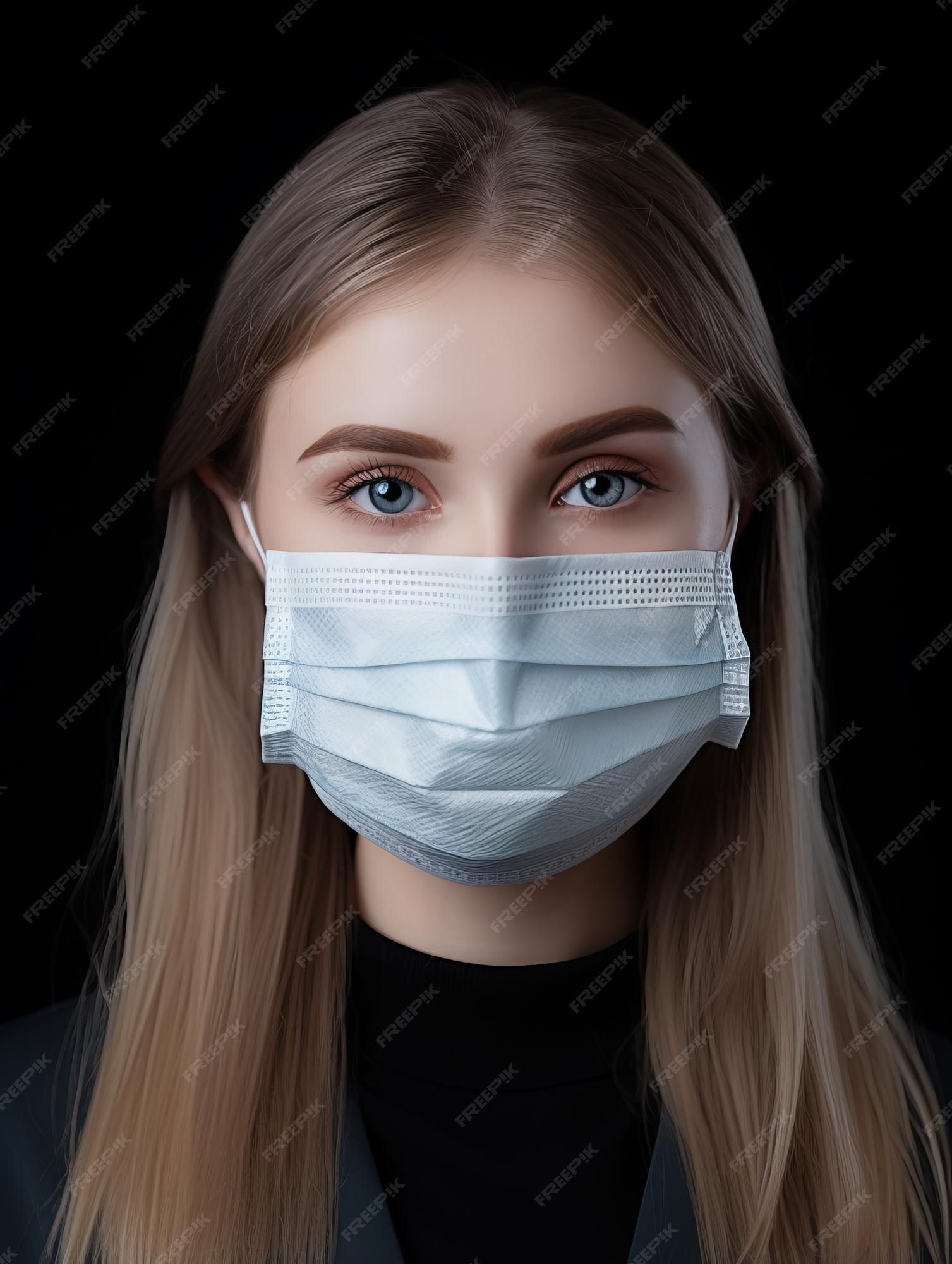 Premium Ai Image A Woman Wearing A Surgical Mask On A Black Background