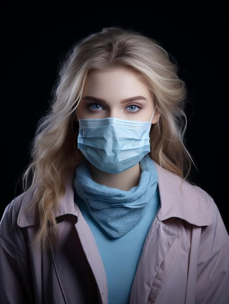 Premium Ai Image A Woman Wearing A Surgical Mask On A Black Background