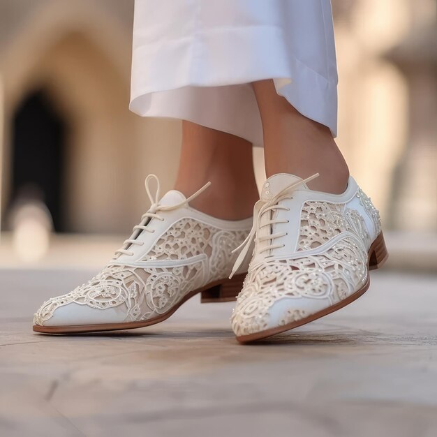 A woman wearing white shoes with a pattern on the bottom | Premium AI ... A woman wearing white shoes with a pattern on the bottom | Premium AI ...