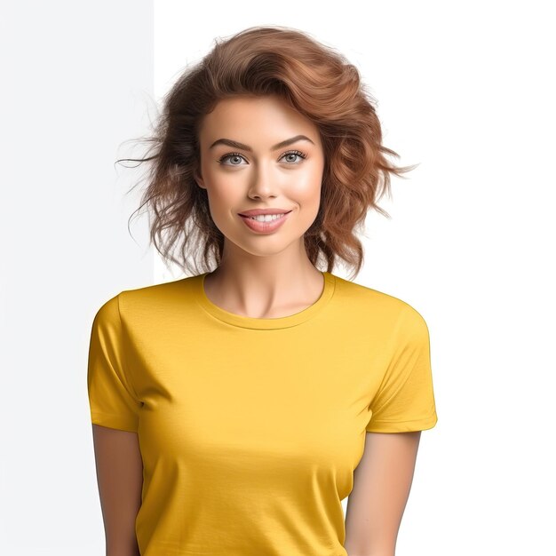 Premium Ai Image A Woman Wearing A Yellow T Shirt With The Word