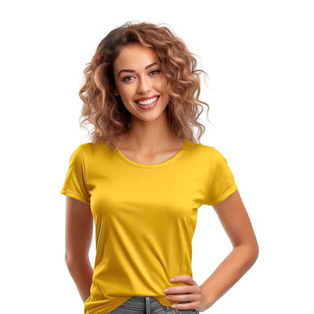 Premium Ai Image A Woman Wearing A Yellow T Shirt With The Word