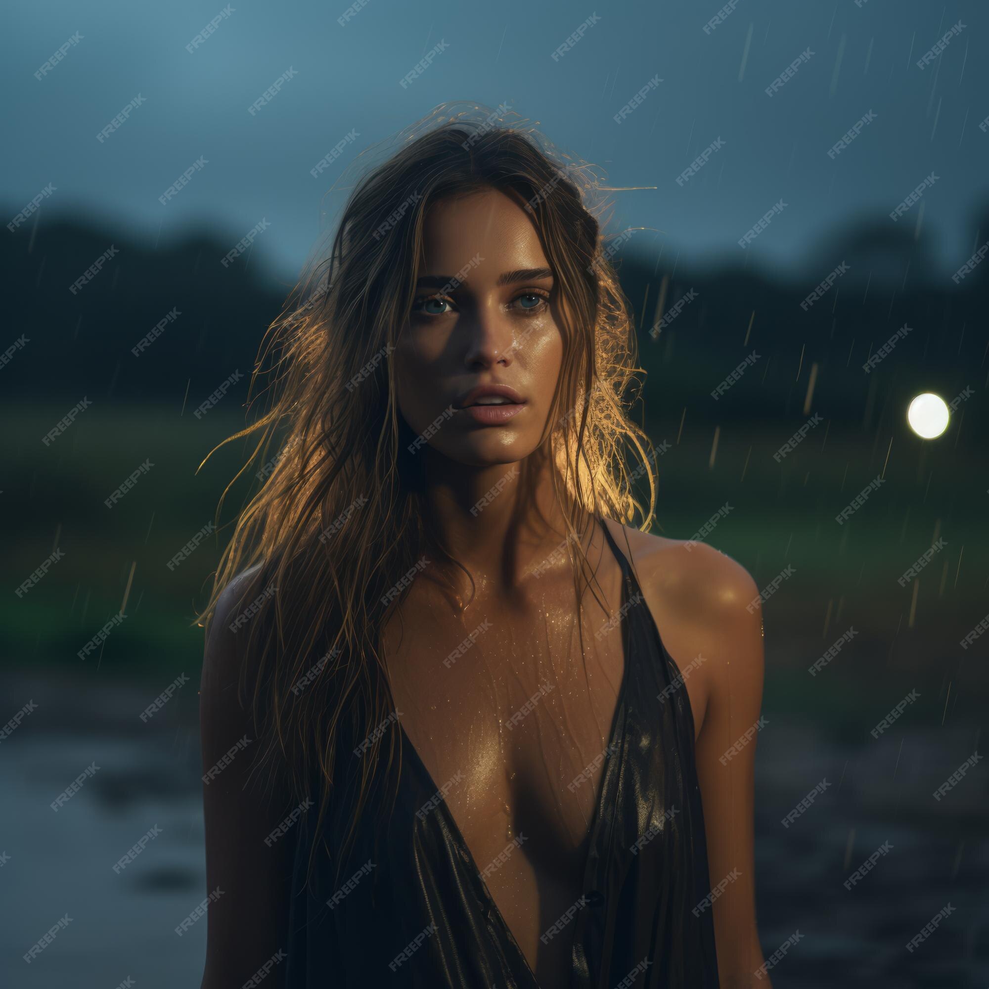 Premium Ai Image A Woman In A Wet Dress Standing In The Rain
