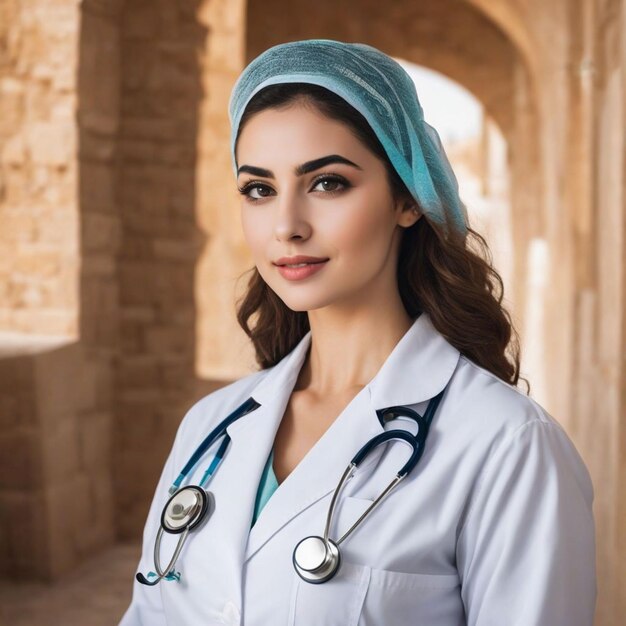 Premium Photo | A woman in a white coat is standing in front of a stone ... Premium Photo | A woman in a white coat is standing in front of a stone ...