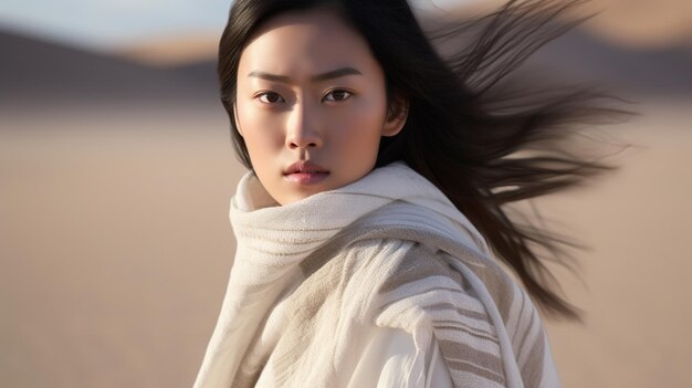 Premium Ai Image A Woman In A White Robe Stands In The Desert