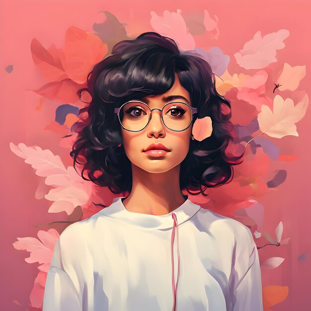 Premium Photo A Woman With Black Hair And Glasses Is Wearing A White Shirt With A Pink Flower