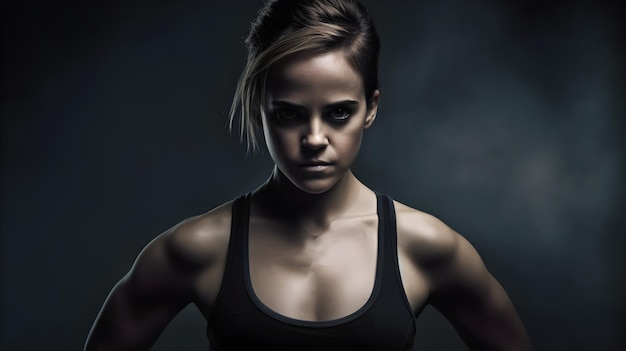 Premium Ai Image A Woman With A Black Tank Top And Black Tank Top Stands In Front Of A Dark