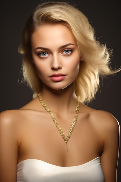 Premium Photo Woman With Blond Hair Wearing Gold Necklace And Necklace With Diamond Generative Ai