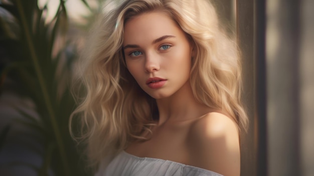 Premium Photo A Woman With Blonde Hair And Blue Eyes Stands In Front