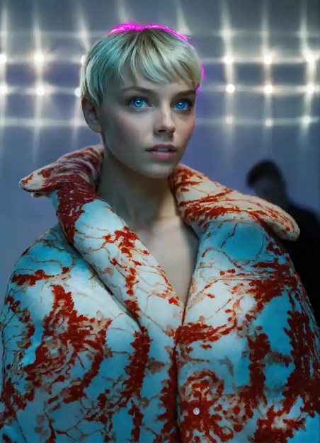 A Woman With Blonde Hair And A Blue Eyes Wearing A Shirt With A Light