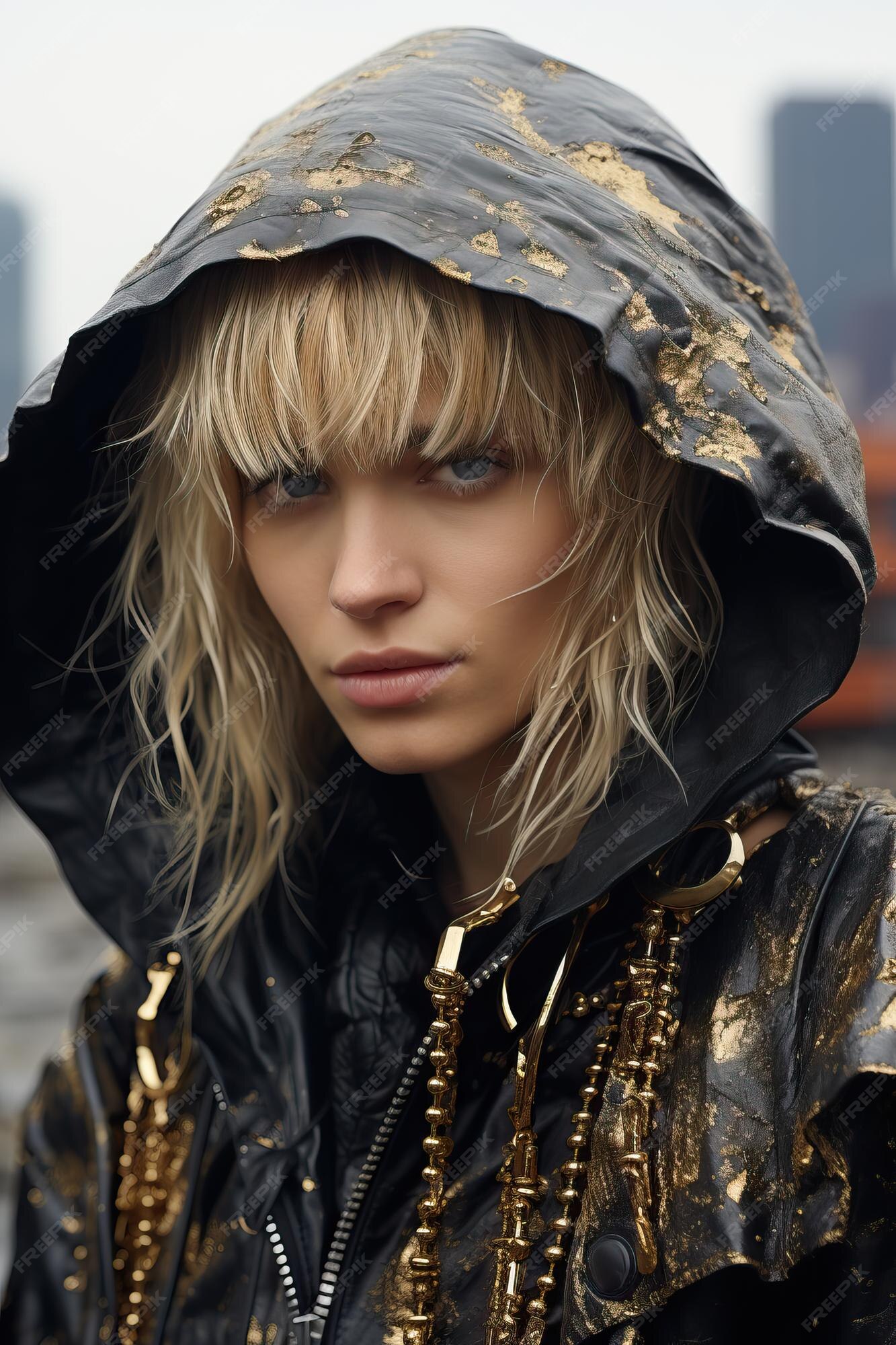 Premium Ai Image A Woman With Blonde Hair Wearing A Black Hooded Jacket