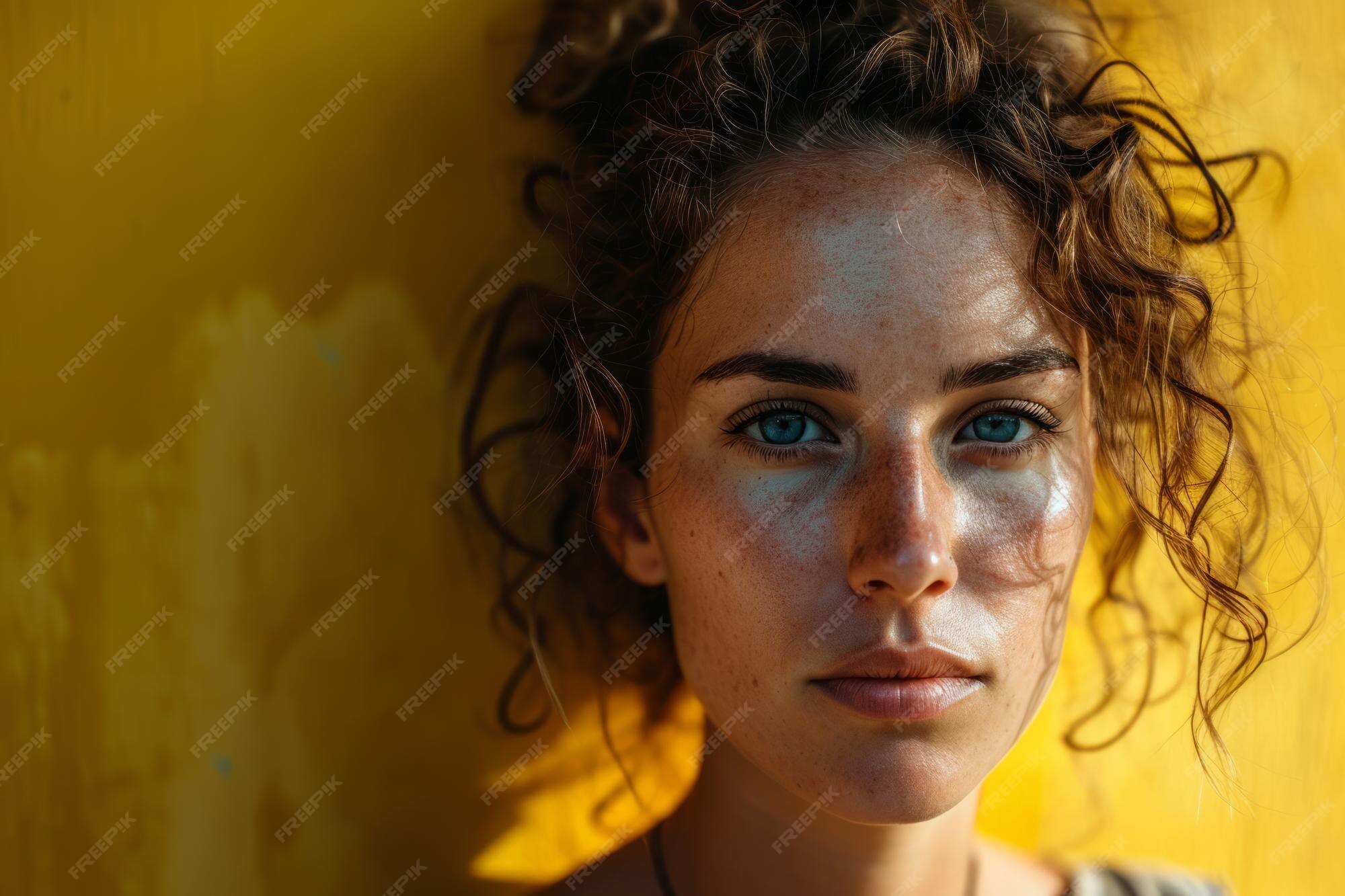 Premium Photo A Woman With Curly Hair And Blue Eyes Looking At The Camera