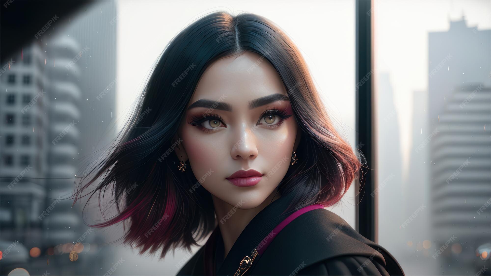 Premium Ai Image A Woman With Dark Hair And A Black Jacket With Pink And Blue Eyes Looks Into