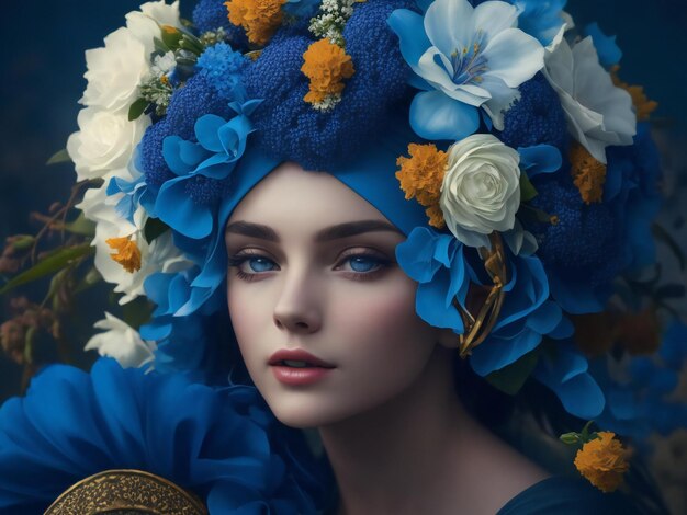 Premium Ai Image A Woman With Flowers On Her Head And A Blue Headband
